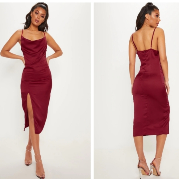 PrettyLittleThing | Dresses | Burgundy Strappy Satin Cowl Midi Dress | Poshmark